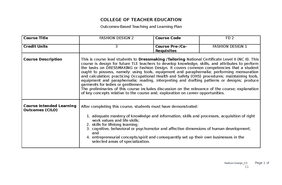 Studoc - this is a course syllabus in fashion design - COLLEGE OF ...