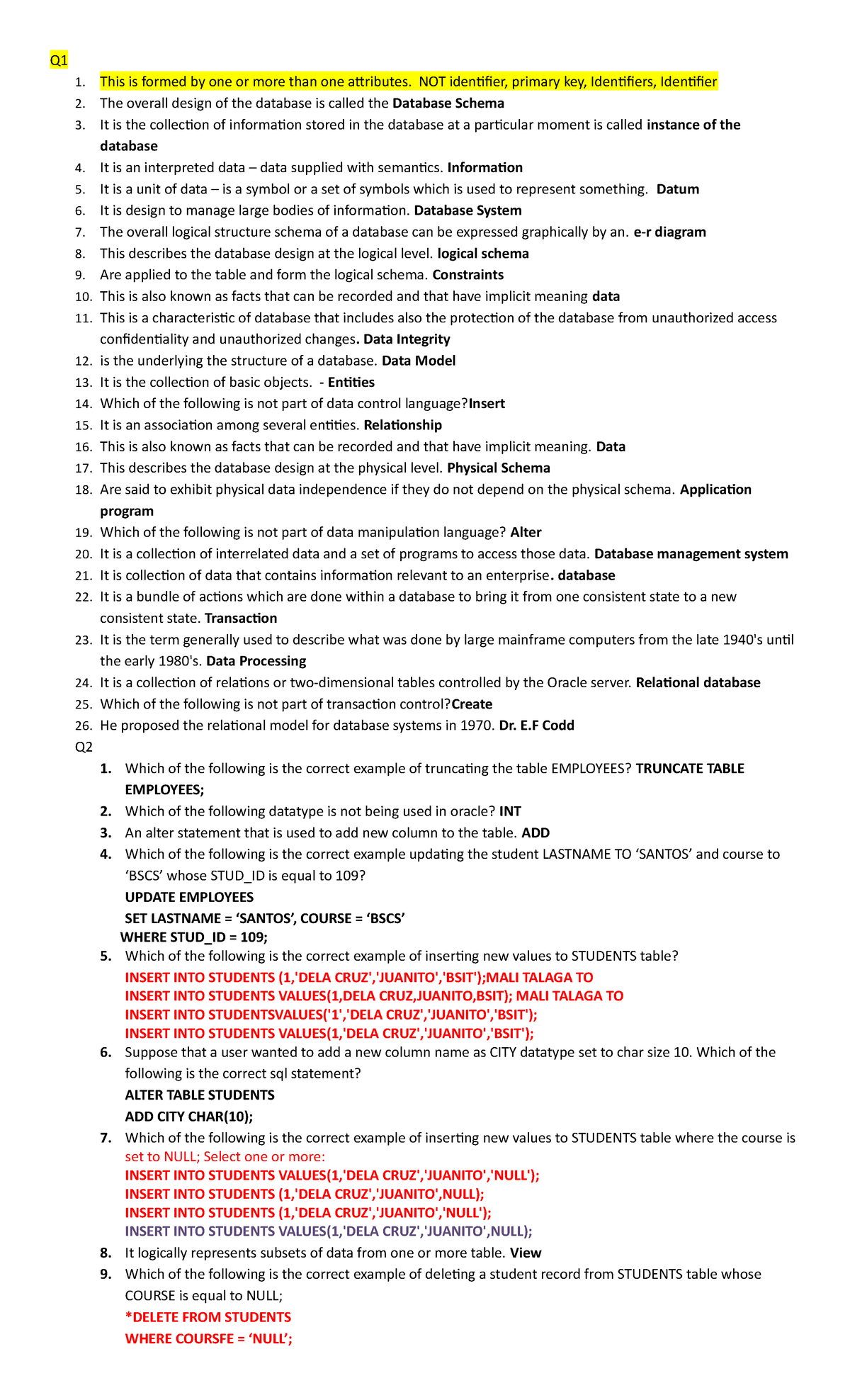 Exam 2020, questions and answers - Q This is formed by one or more than ...