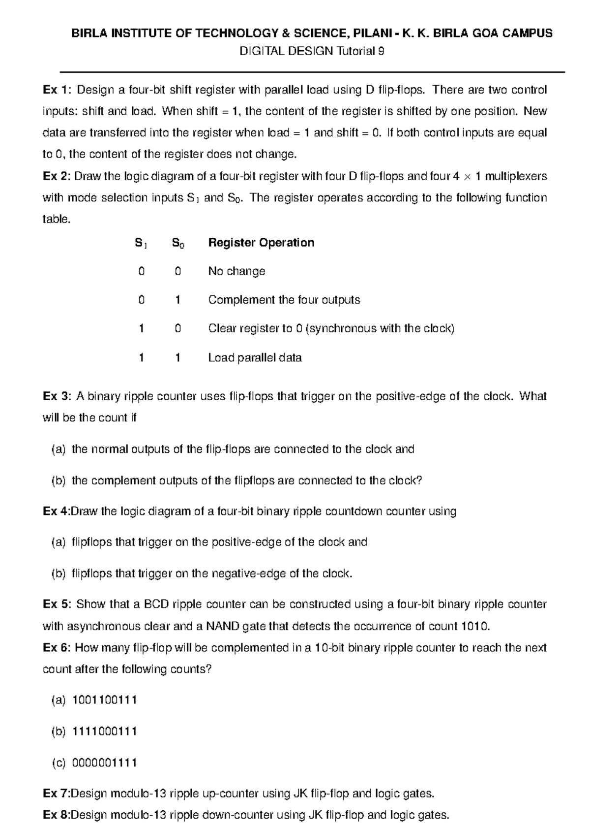 Tut9 - tutorial on digital design - BIRLA INSTITUTE OF TECHNOLOGY ...