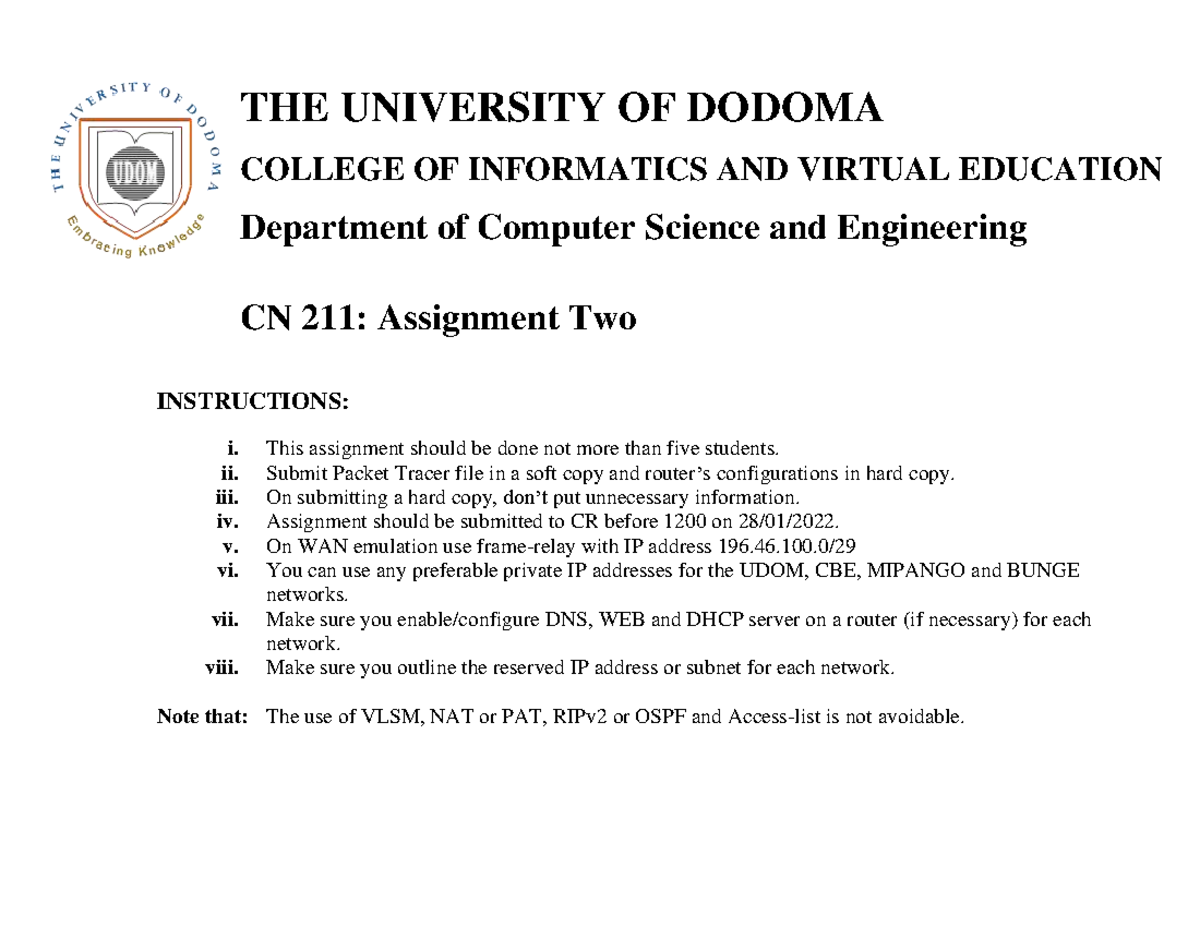 CN 211 assignment Two 2021 2022 - THE UNIVERSITY OF DODOMA COLLEGE OF ...