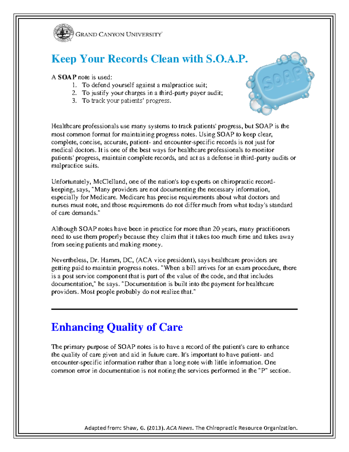 Keep Your Records Clean With SOAP - Adapted from: Shaw, G. (2013). ACA ...