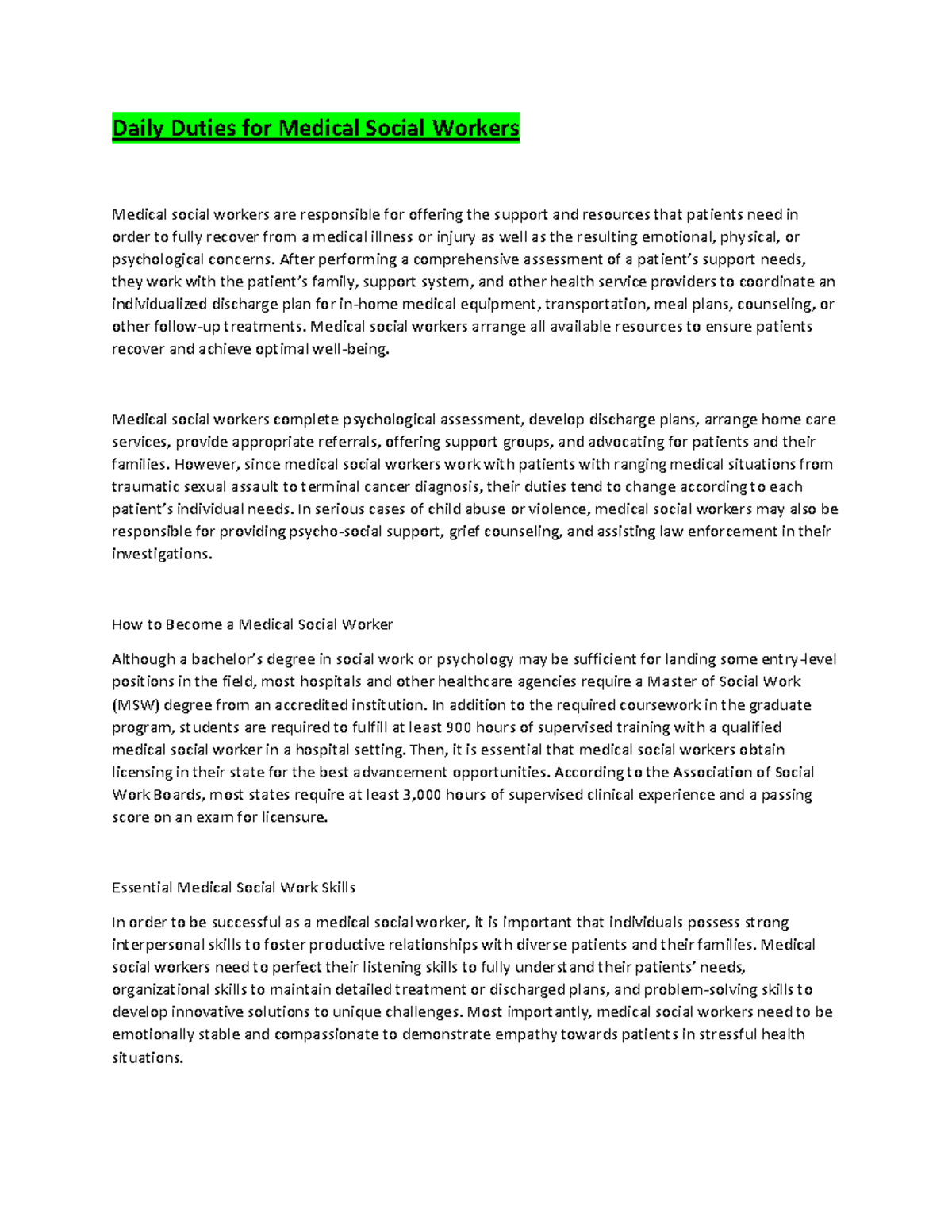 Daily Duties For Medical Social Workers After Performing A