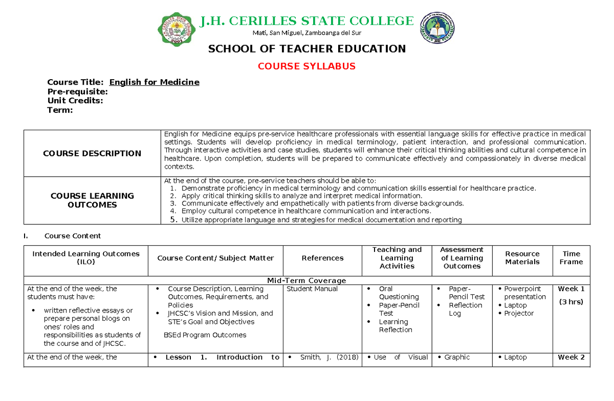 Group 5- Syllabus - J. CERILLES STATE COLLEGE Mati, San Miguel ...