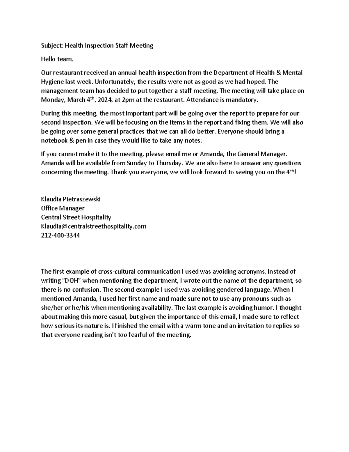 Klaudia P Task1 - D270 Task 1, write a professional email - Subject ...