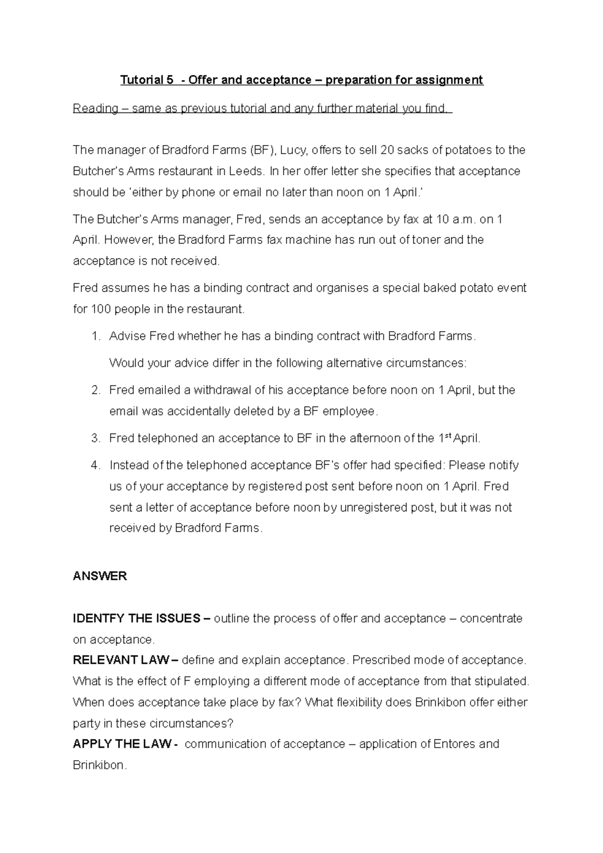 Tutorial 5 - detailed notes - Tutorial 5 - Offer and acceptance ...