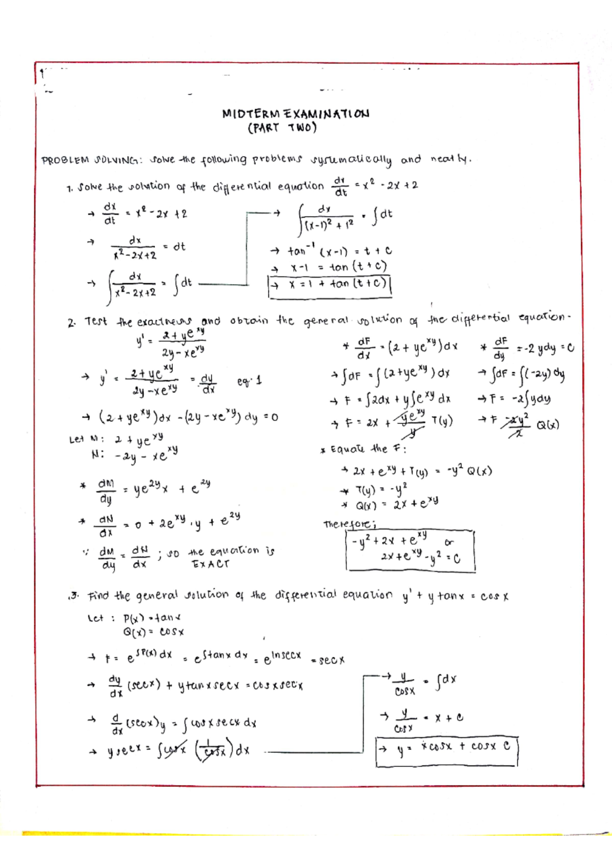 DE Midterm - Problem Solving and Essay - Mechanical Engineering - NVSU - Studocu