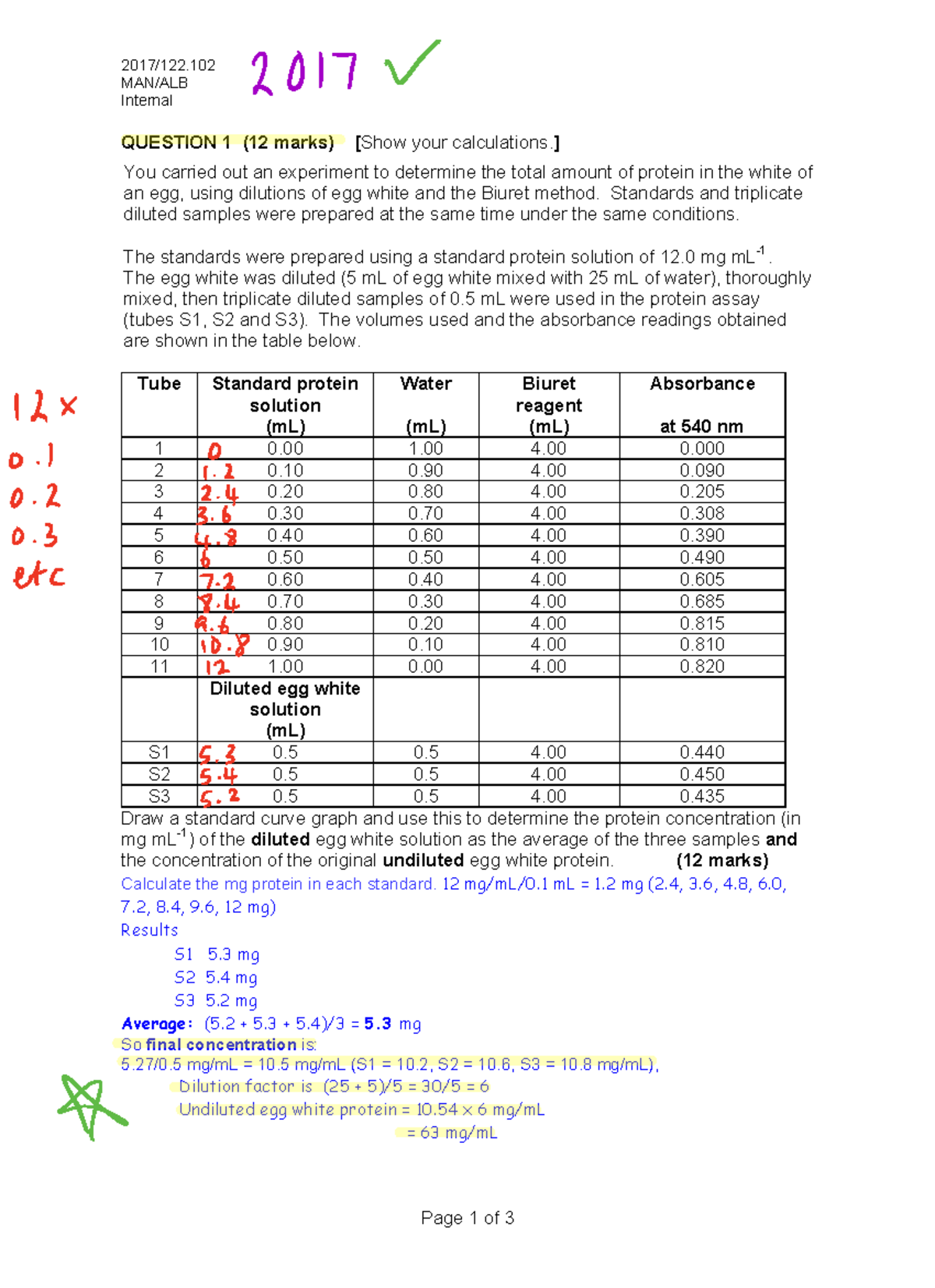 Question 1 Egg Protein (LAB) ️ - 2017/122. MAN/ALB Internal Page 1 of 3 ...