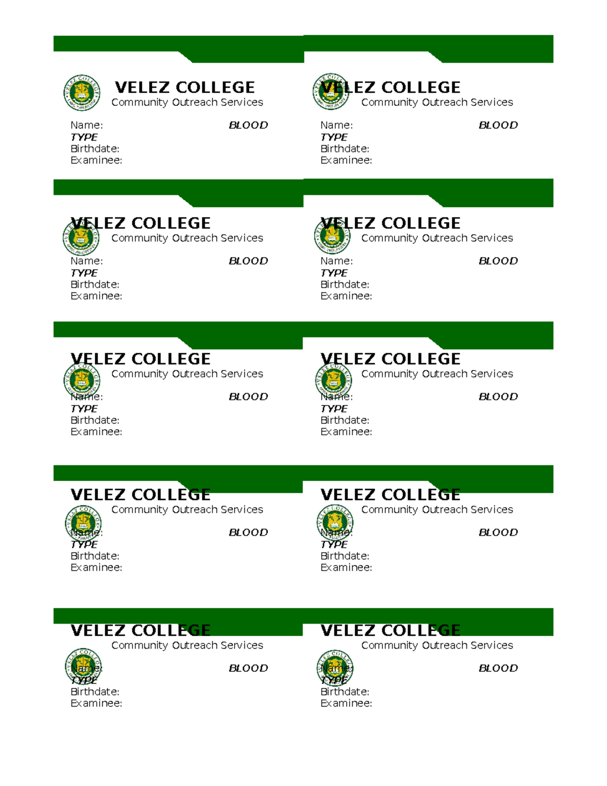 Sample Card - For blood typing purposes - VELEZ COLLEGE Community ...