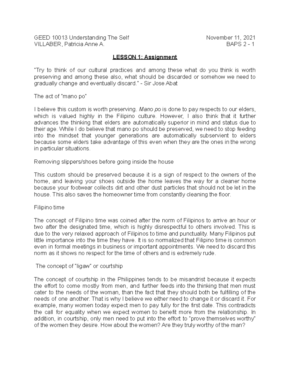 PUP UTS Assignment on Filipino Culture - GEED 10013 Understanding The ...