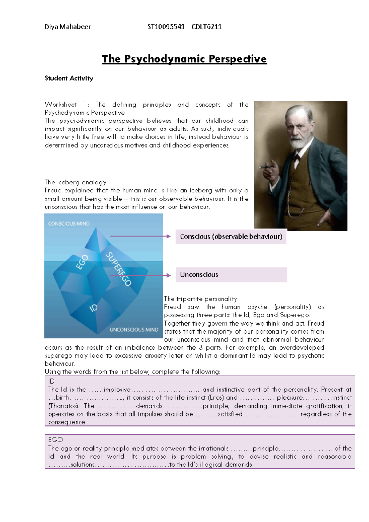 CDLT6211 ICE TASK 2 - Diya Mahabeer ST10095541 CDLT The Psychodynamic ...