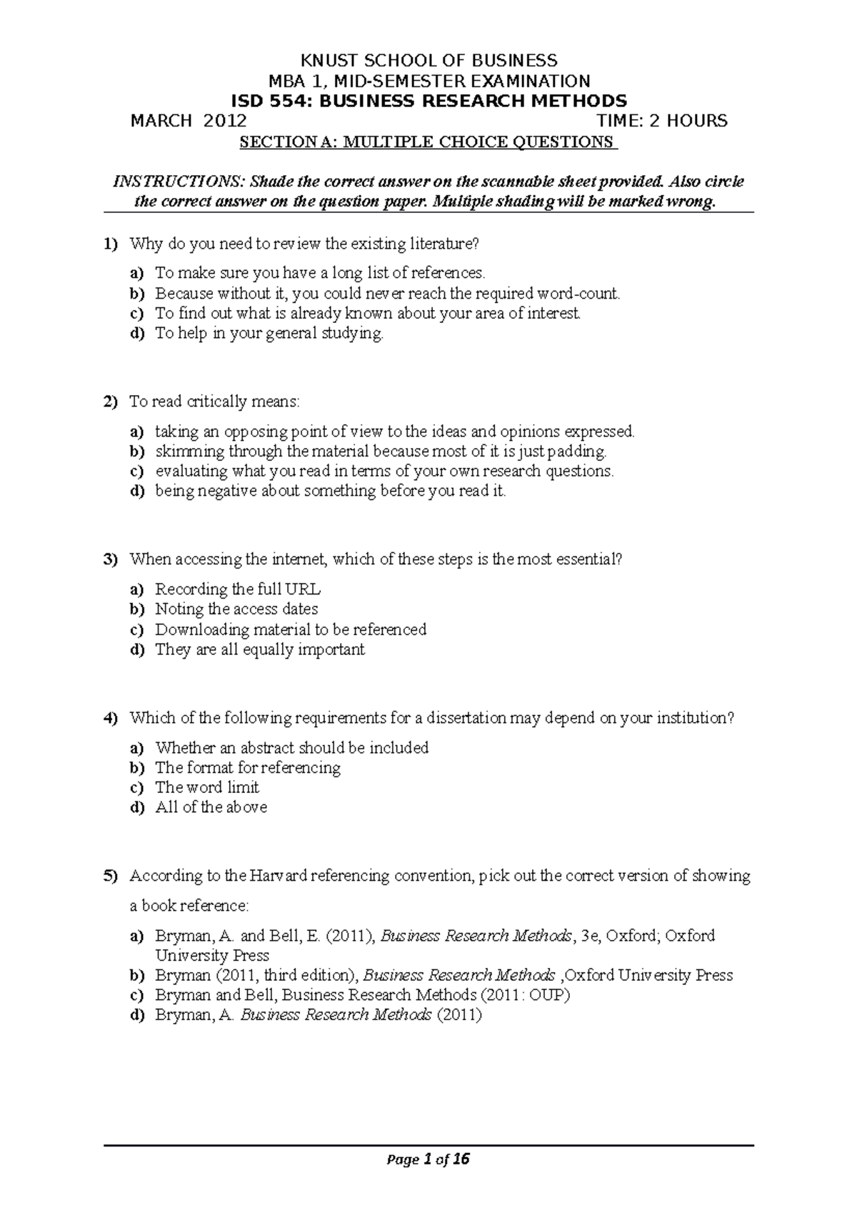 MBA Group Assignment Multiple Choice Questions Print 1 KNUST SCHOOL 
