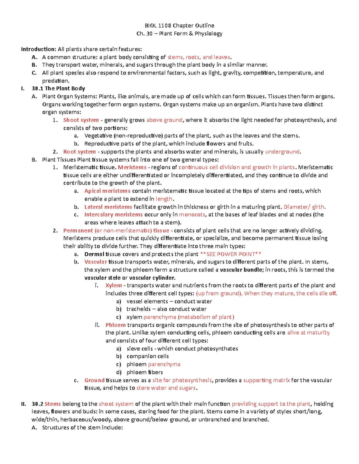BIo 2 Ch. 30 - Plant AP Notes - BIOL 1108 Chapter Outline Ch. 30 ...