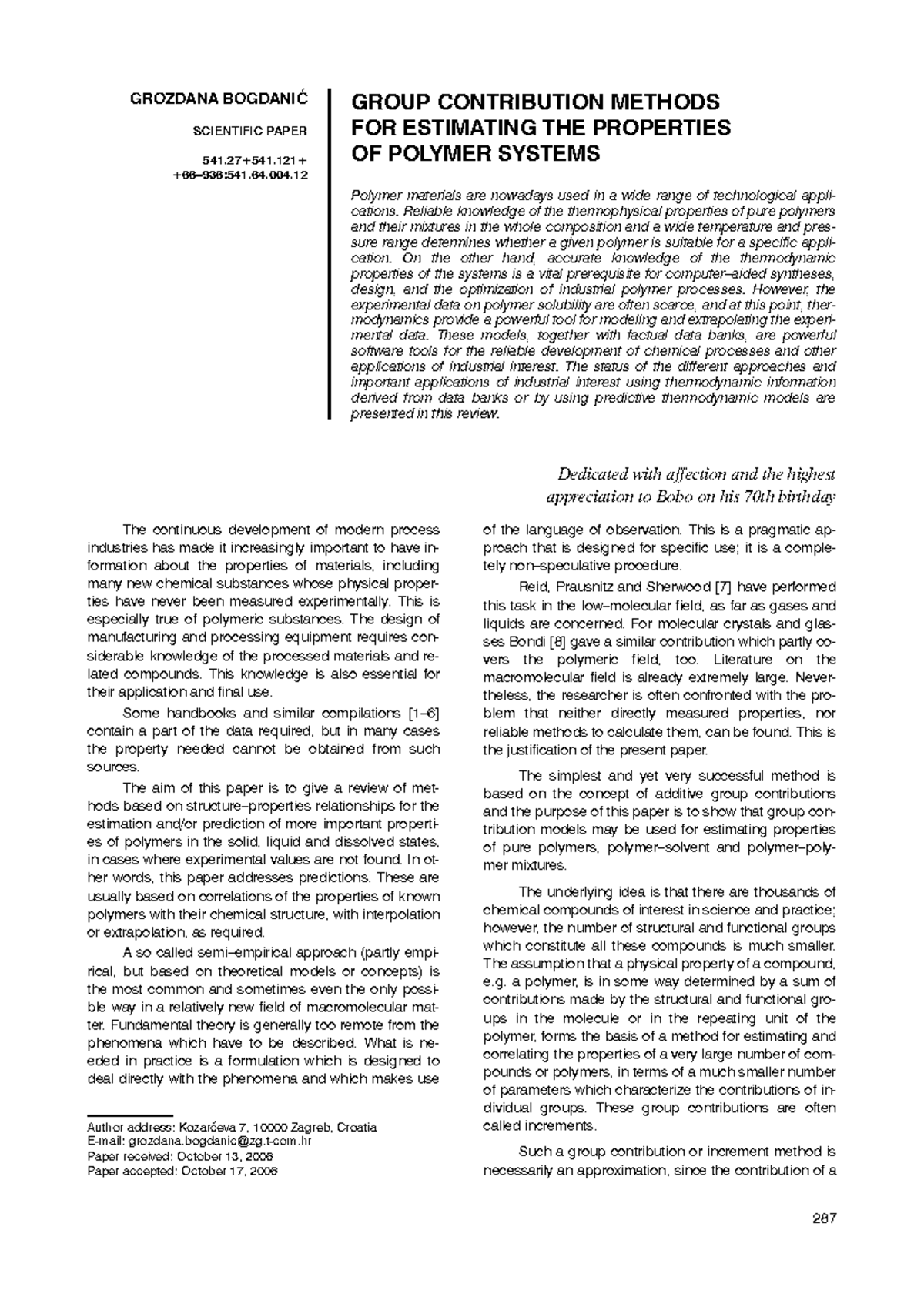 Bogdanić, G. Group Contribution Methods for estimating the properties ...