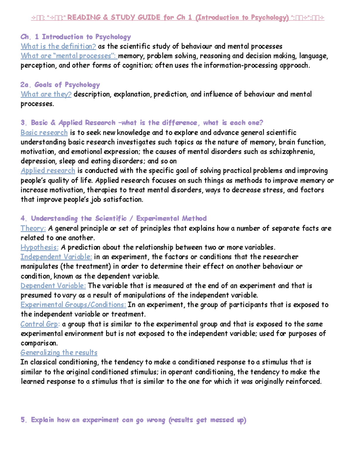 PSY100 Notes - ･･: ･･: READING & STUDY GUIDE for Ch 1 (Introduction to ...