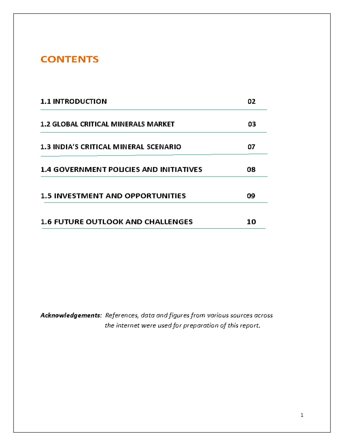 Critical Minerals-An Overview - CONTENTS 1 INTRODUCTION 02 1 GLOBAL ...
