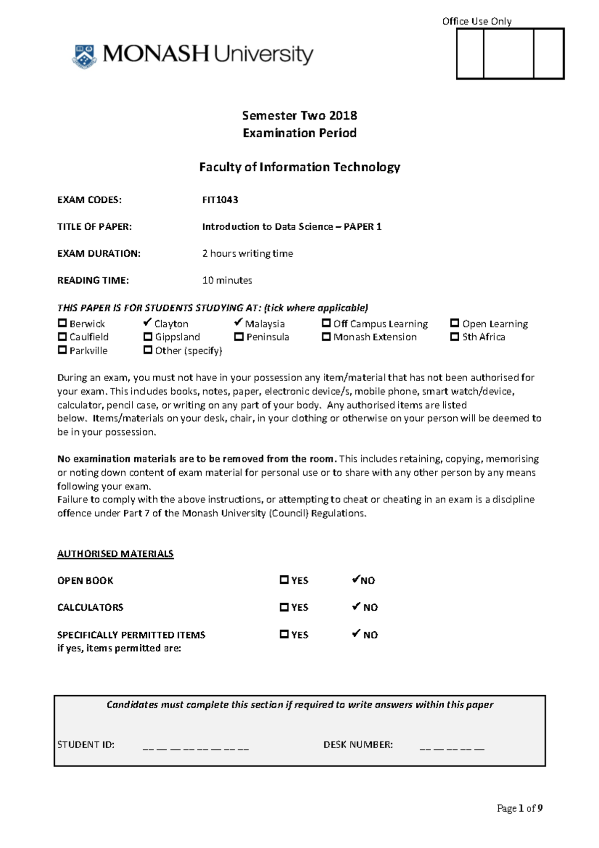 FIT1043 Sample Exam - Office Use Only Semester Two 2018 Examination ...