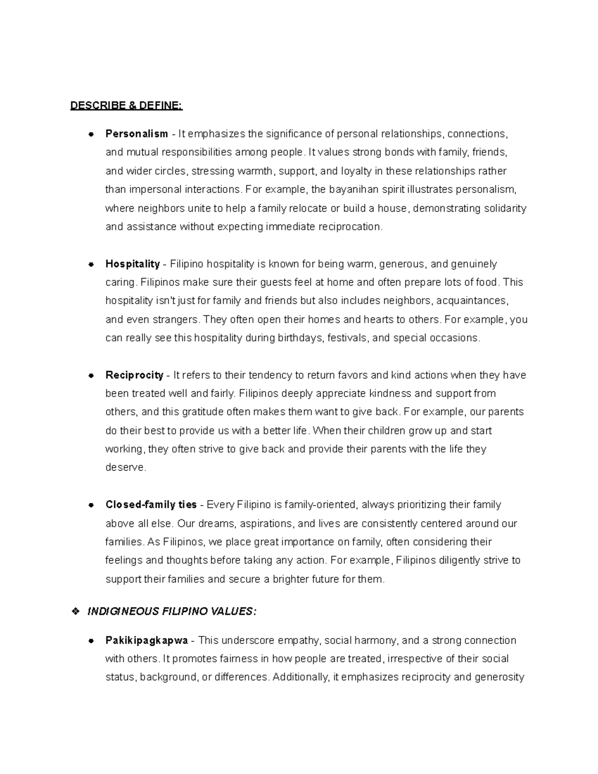 Positive and Negative Values of a Filipino - DESCRIBE & DEFINE ...