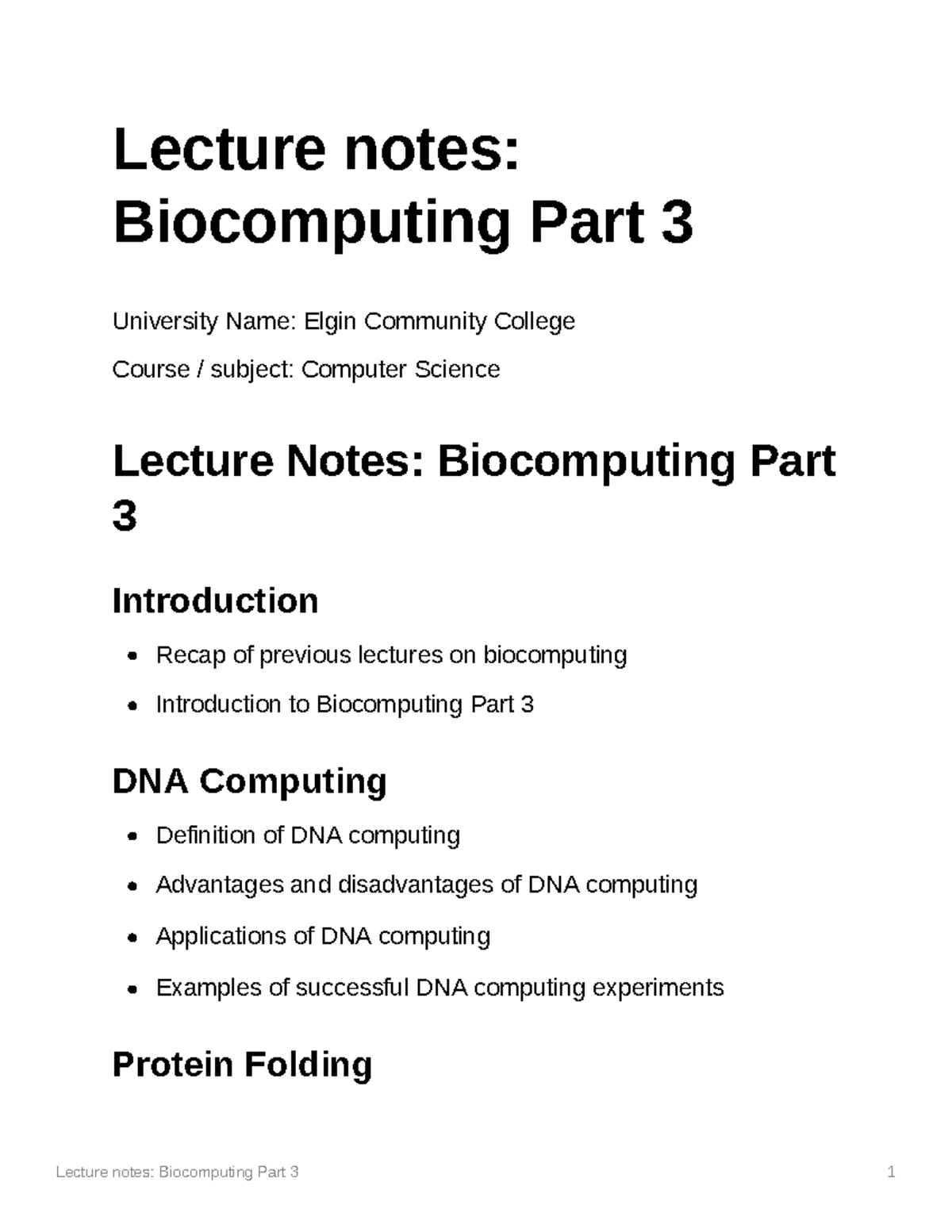 Lecture Notes Biocomputing Part 3 Lecture Notes Biocomputing Part 3 University Name Elgin