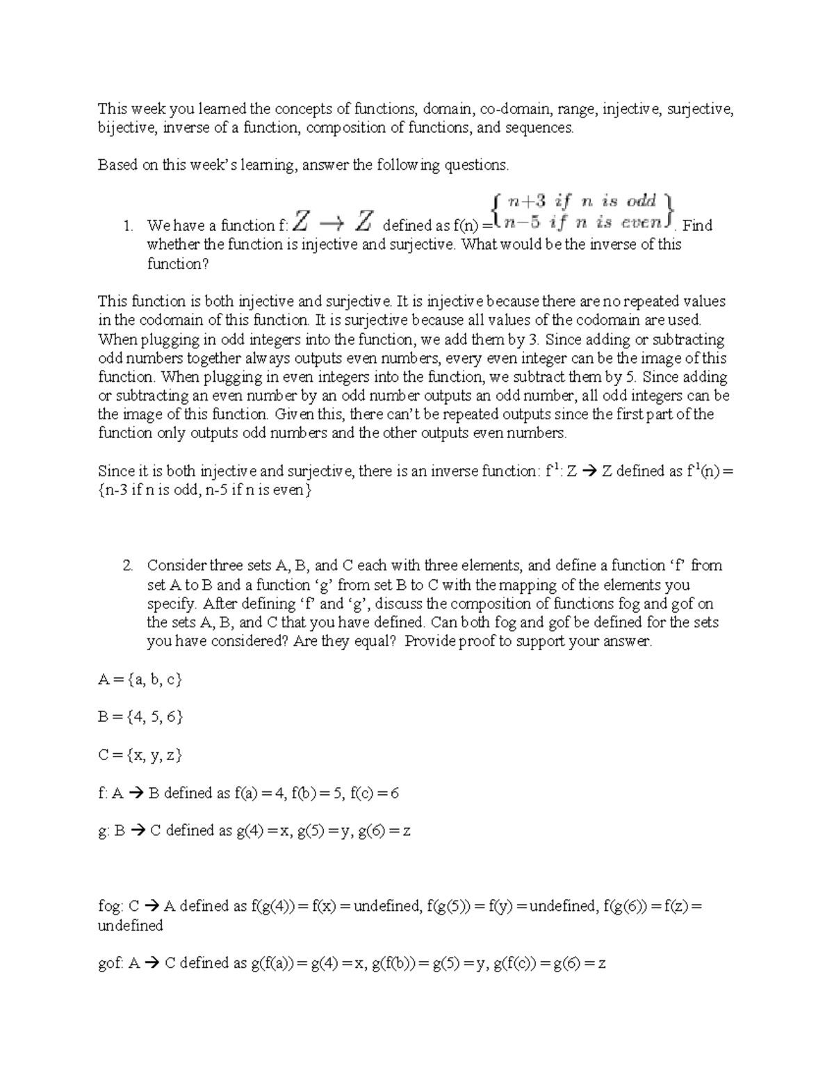 Math Assignment Unit 2 - This week you learned the concepts of functions, domain, co-domain ...