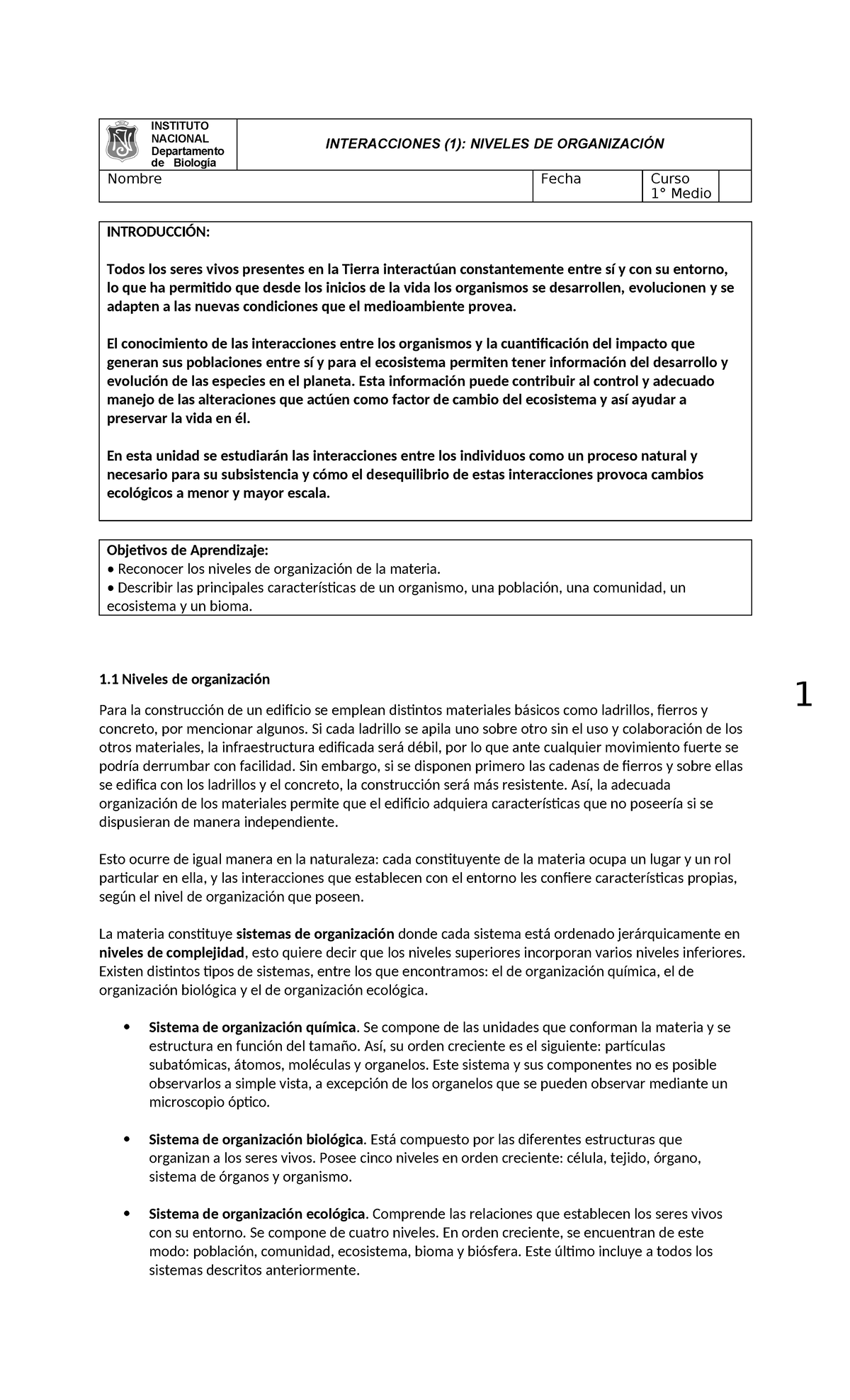 1 Biología Guía 1 Niveles de organización - INTRODUCCIÓN: Todos los ...