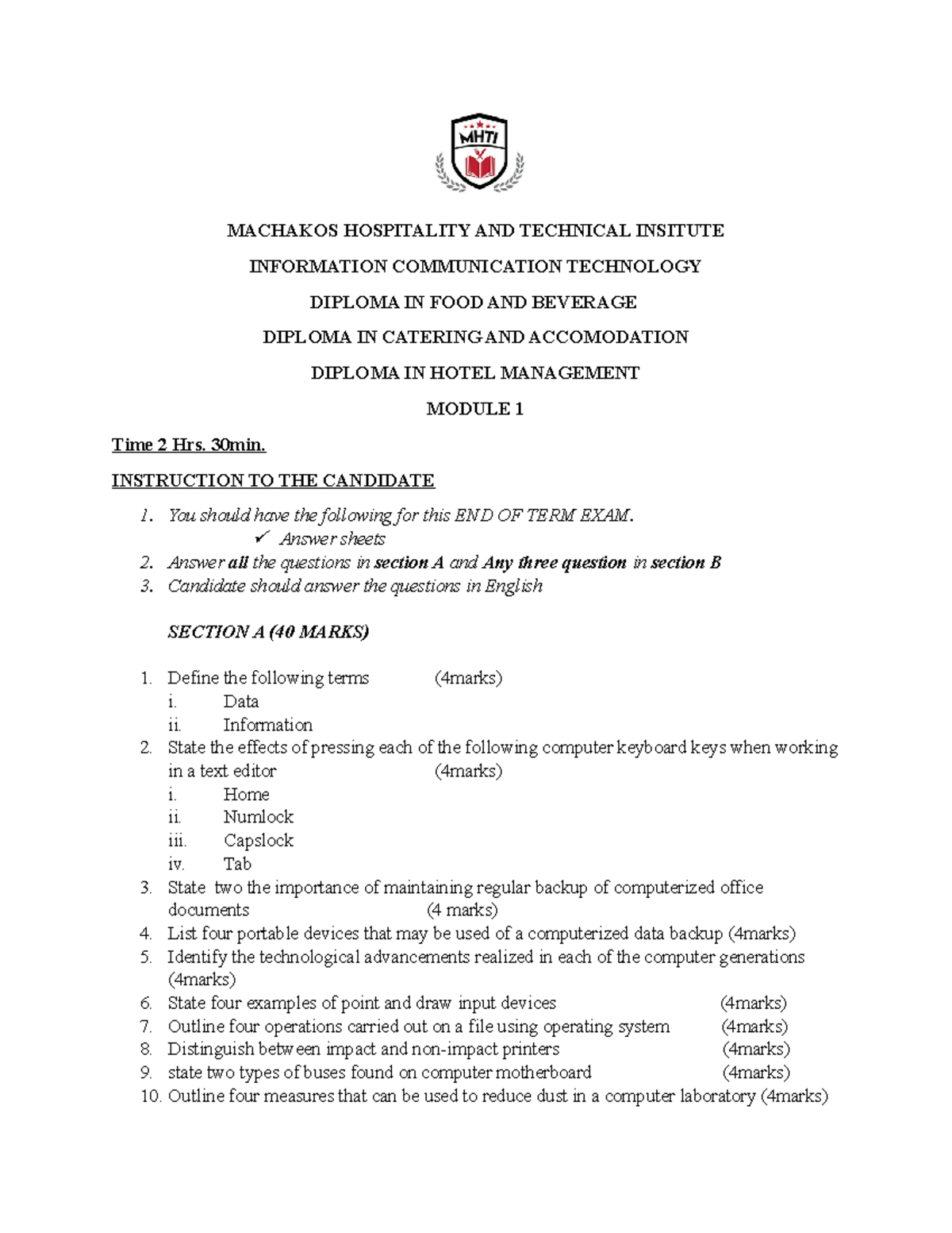 Eot ict exam diploma - exam - MACHAKOS HOSPITALITY AND TECHNICAL ...