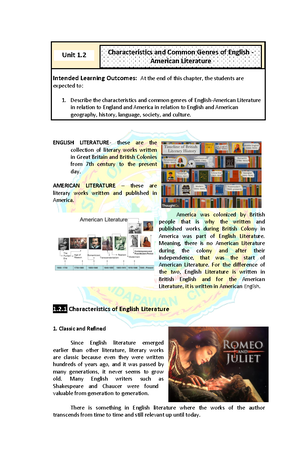 1 - Summary of American and English Lit - tended Learninng Outcomes: At ...