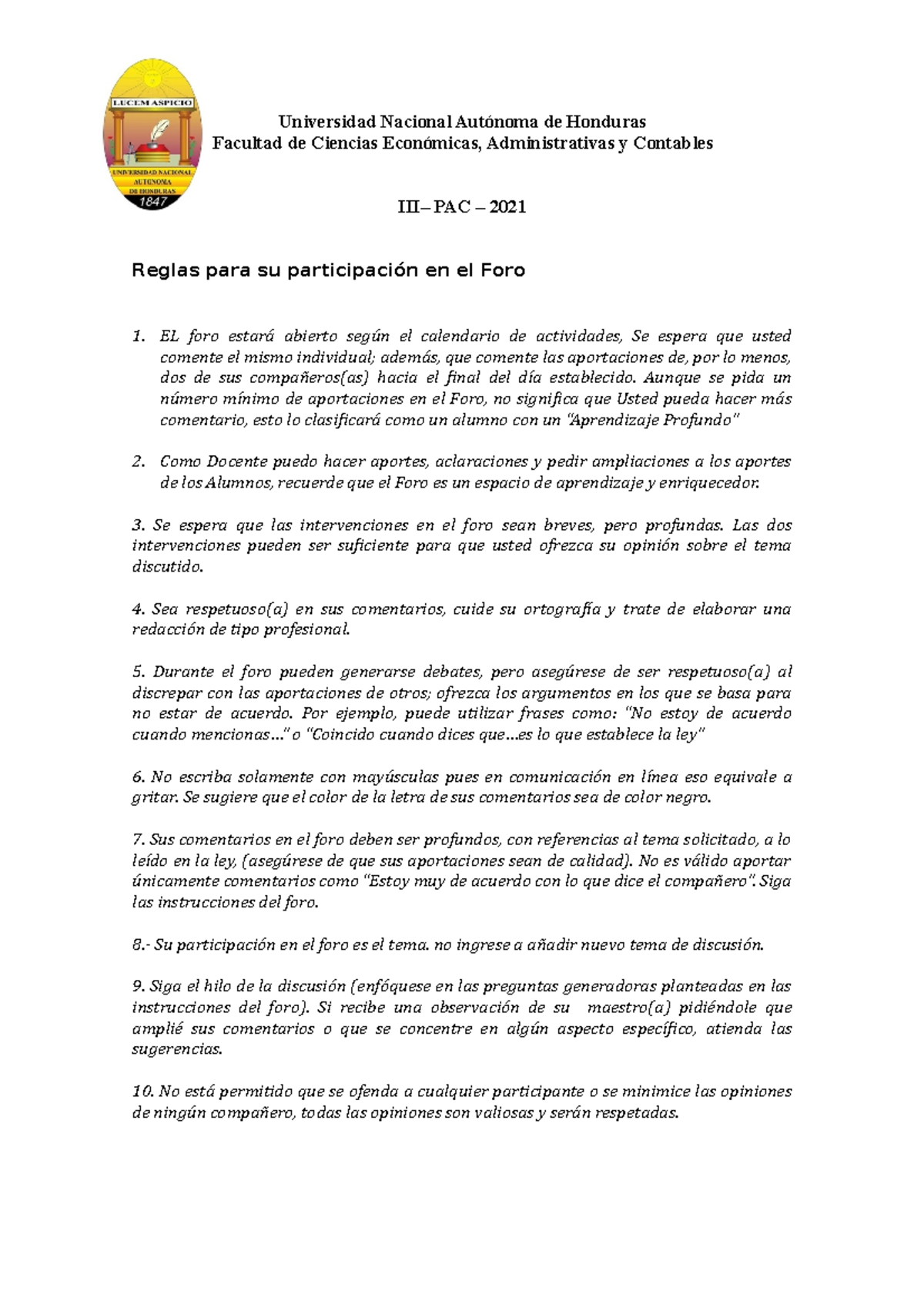 Reglas para el Foro sobre la Importancia del Derecho - Universidad ...
