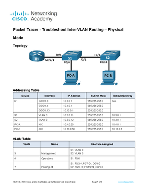 Packet Tracer - Configure VLANs and Trunking - Physical Mode - Topology Addressing Table Device ...