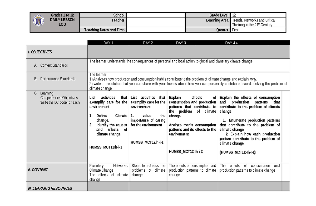 Dlp trends climate change - Grades 1 to 12 DAILY LESSON LOG School ...