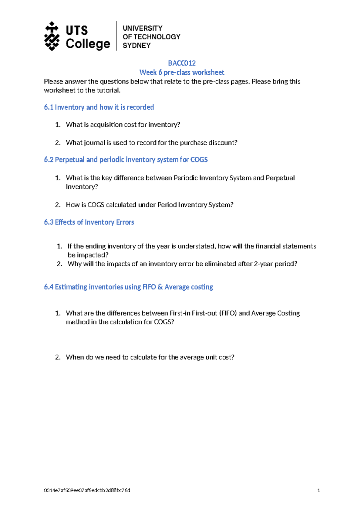 Week 6 worksheet - accounts - BACC Week 6 pre-class worksheet Please ...