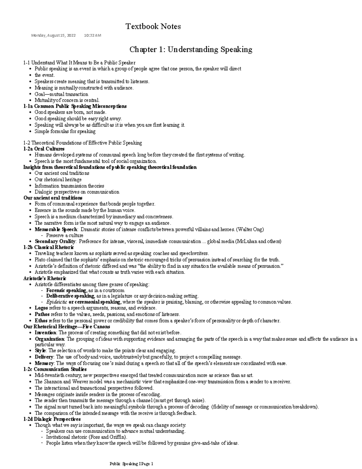 Public Speaking I Textbook Notes - Chapter 1: Understanding Speaking 1 ...