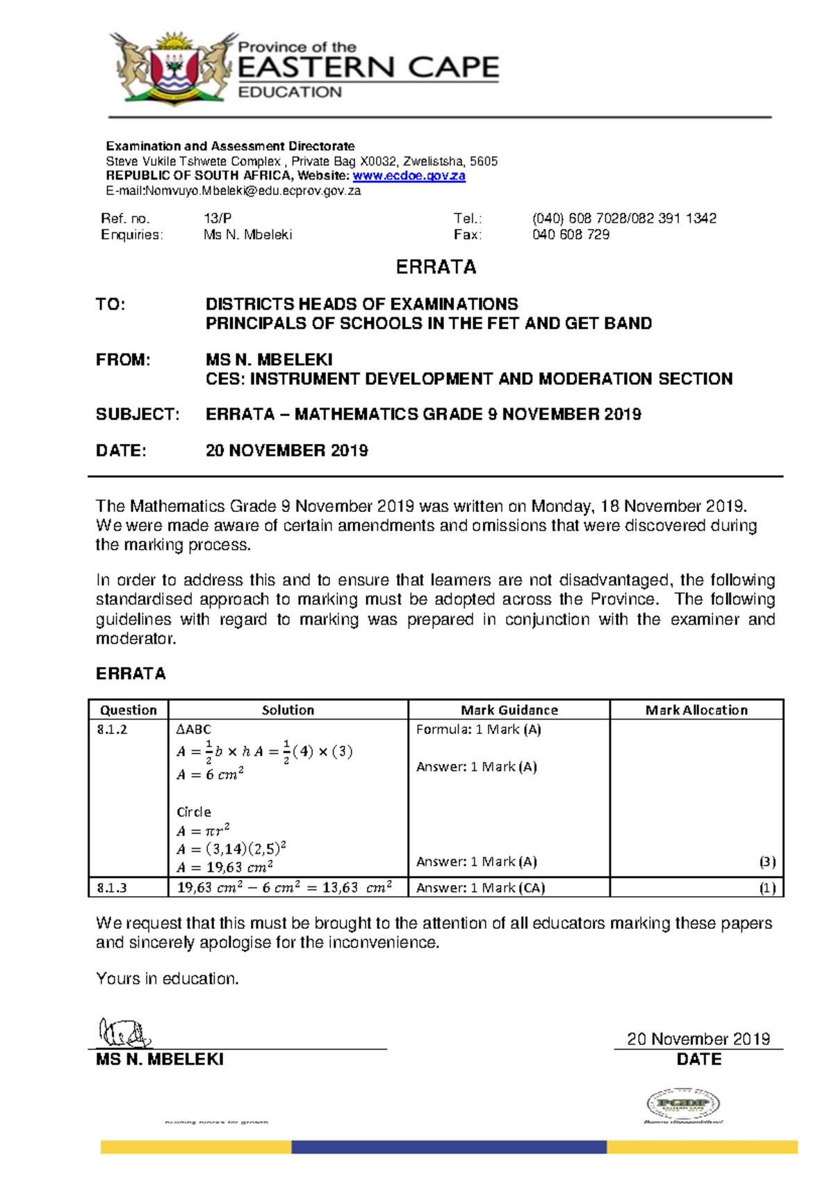2019 Errat Maths GR9 NOV2019 Errata - Examination and Assessment Directorate Steve Vukile ...