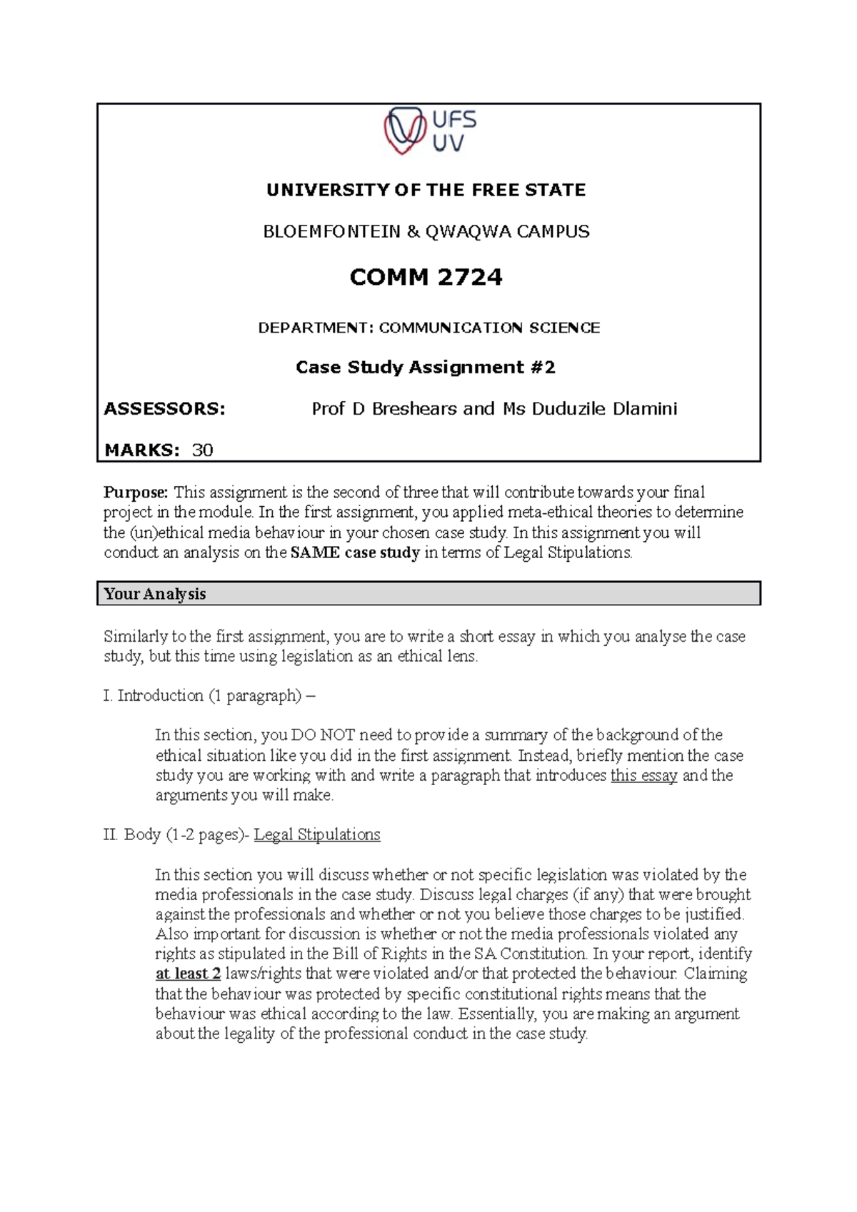 Case Study Assignment 2 - UNIVERSITY OF THE FREE STATE BLOEMFONTEIN ...