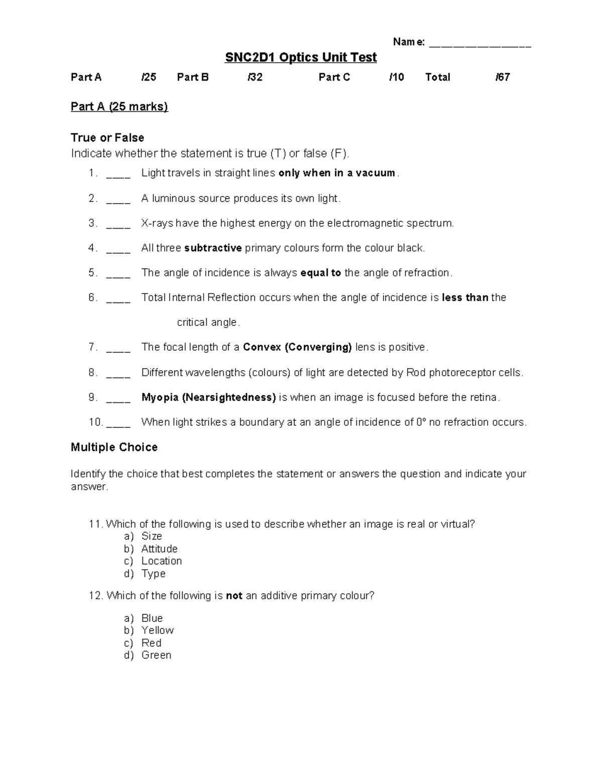 Grade 10 Optics Unit Test - Name: _________________ SNC2D1 Optics Unit ...