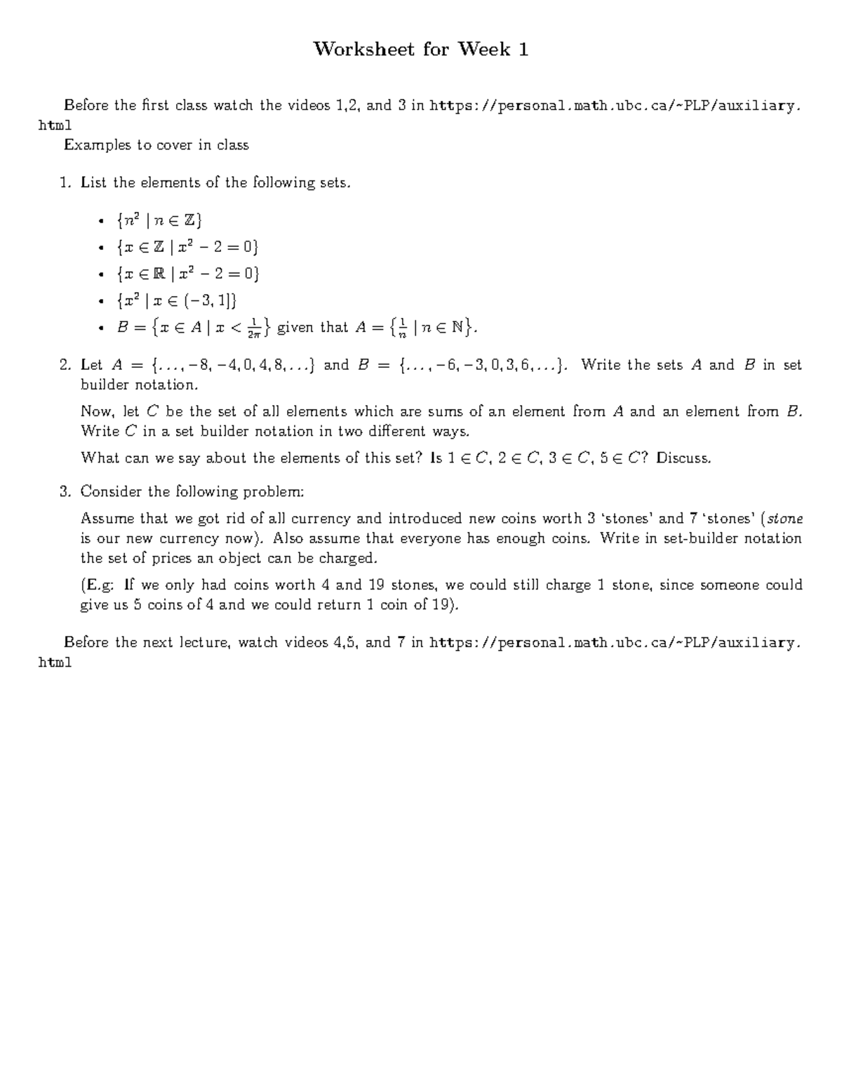 Uw Math 125 Worksheets