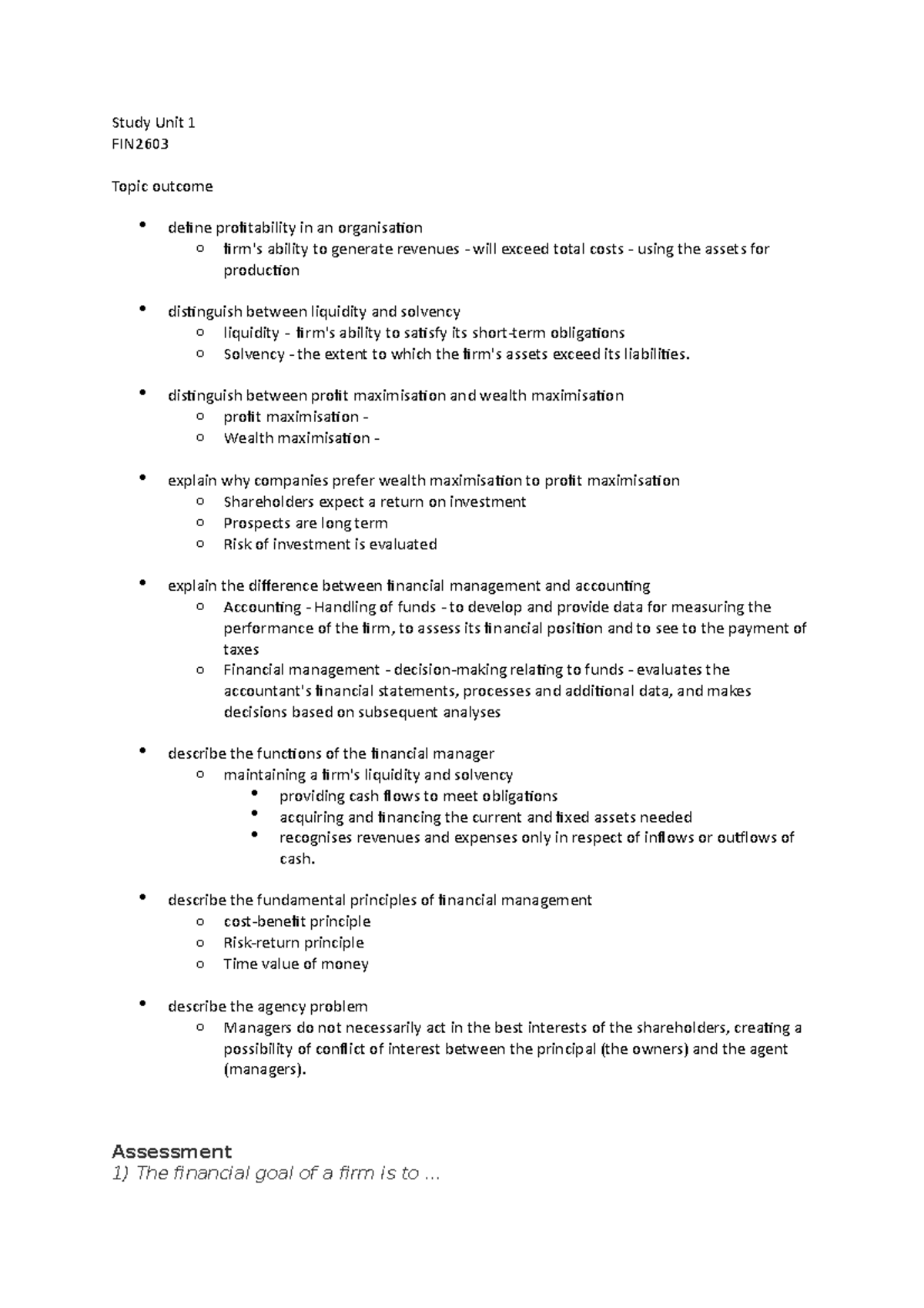 Study Unit 1 - FIN2603 - Study Unit 1 FIN Topic outcome define ...