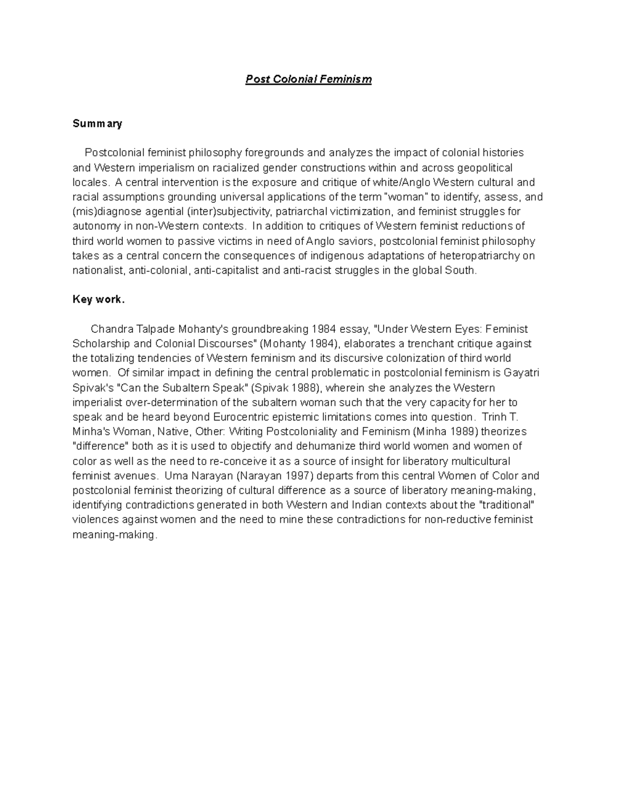 Post Colonial Feminism - Post Colonial Feminism Summary Postcolonial ...