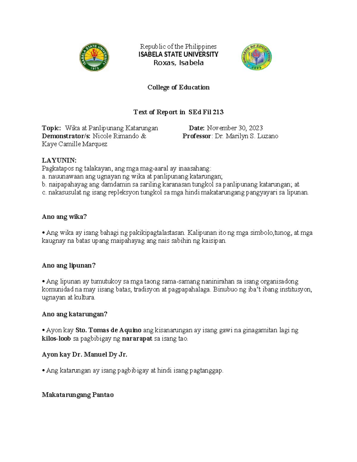 masusing banghay aralin - Republic of the Philippines ISABELA STATE UNIVERSITY Roxas, Isabela ...