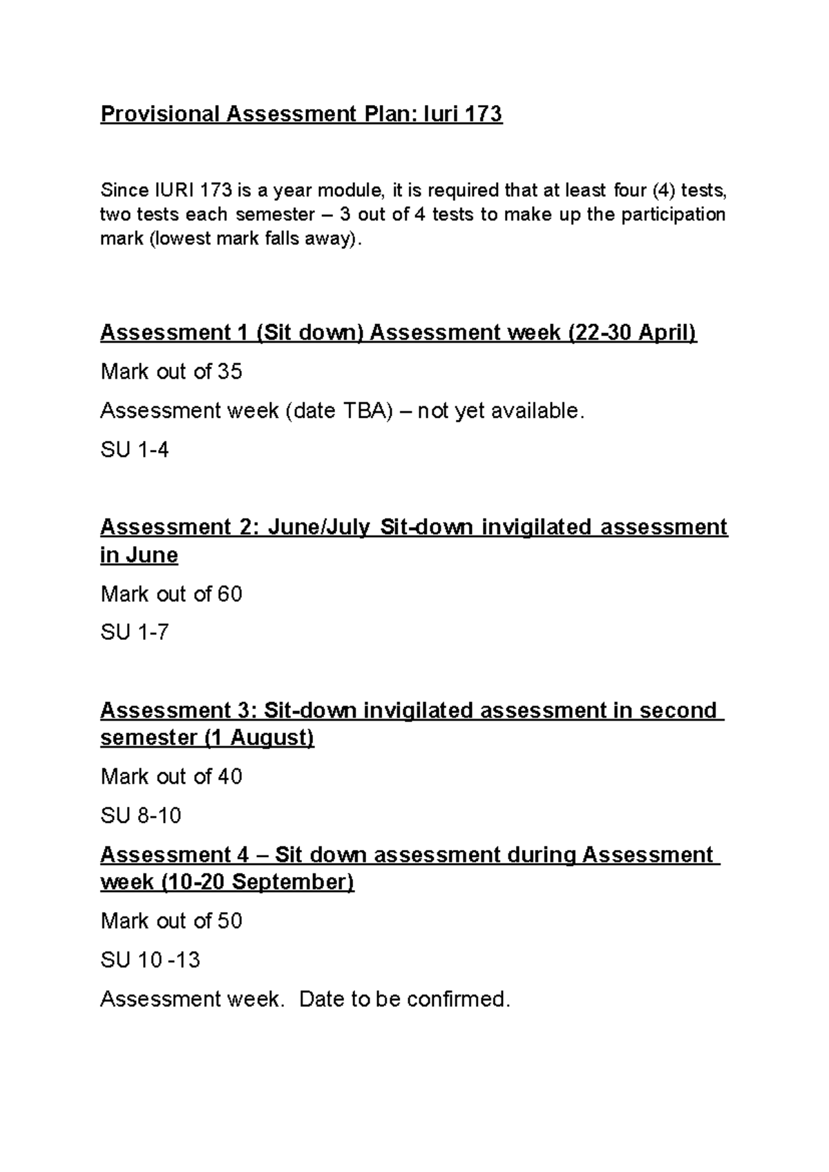 IURI 173 Assessment Plan 2024 - Provisional Assessment Plan: Iuri 173 ...