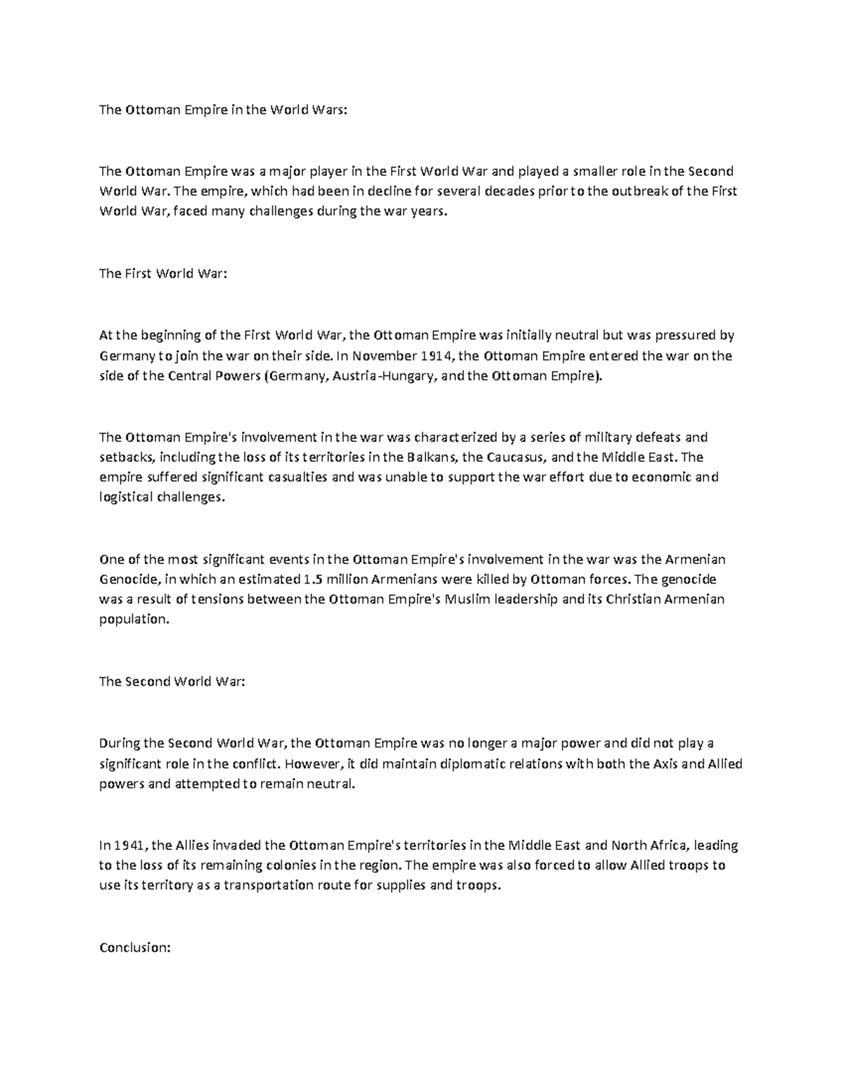 History notes - The Ottoman Empire in the World Wars: The Ottoman ...