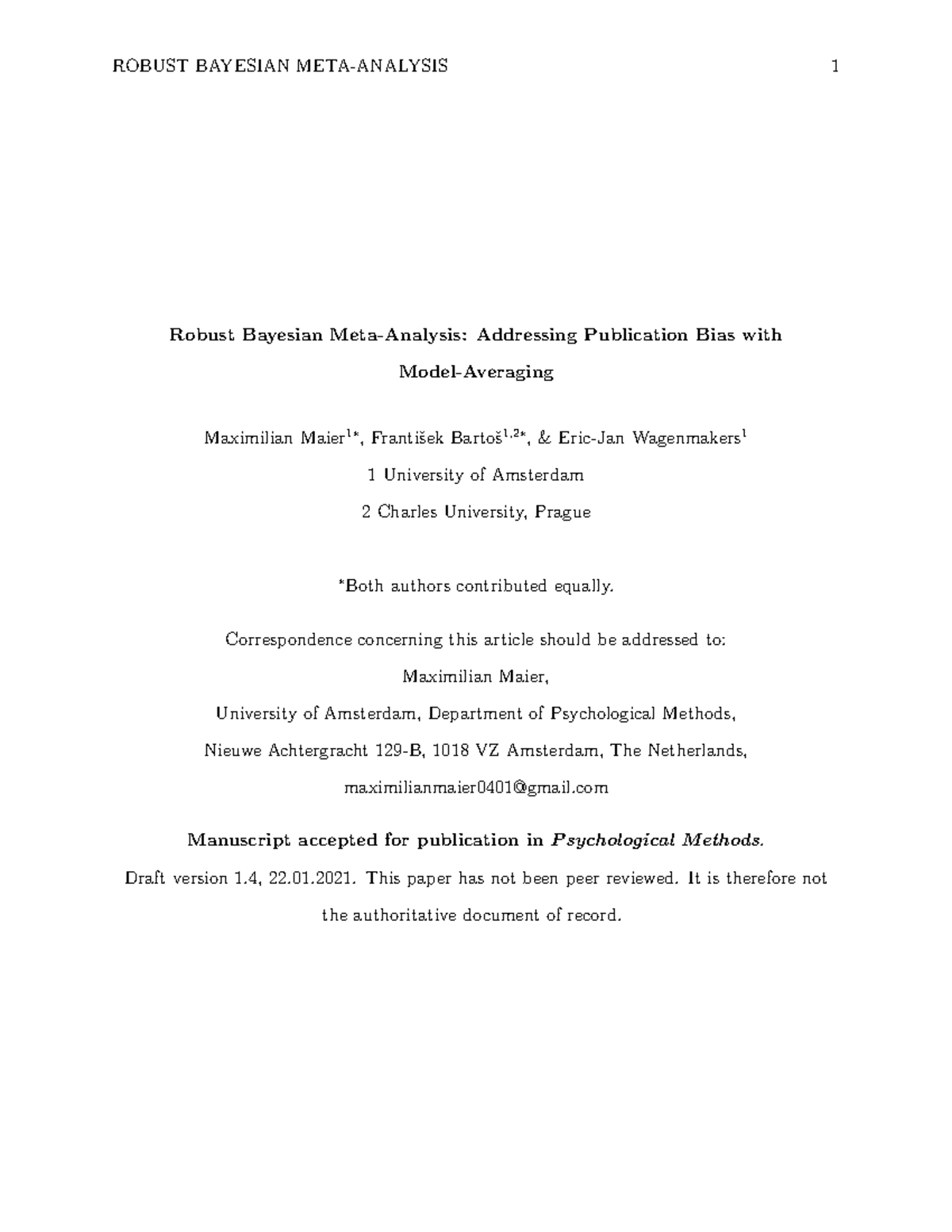 Ro BMA - sdsdsds - Robust Bayesian Meta-Analysis: Addressing Publication Bias with Model ...