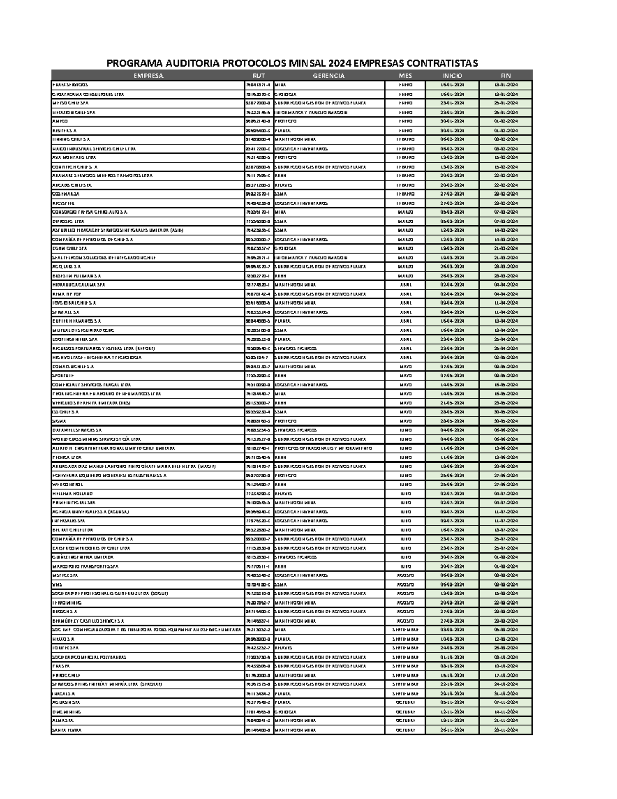 Programa Auditoria EECC 2024 Protocolos Minsal - EMPRESA RUT GERENCIA MES INICIO FIN ENAEX ...