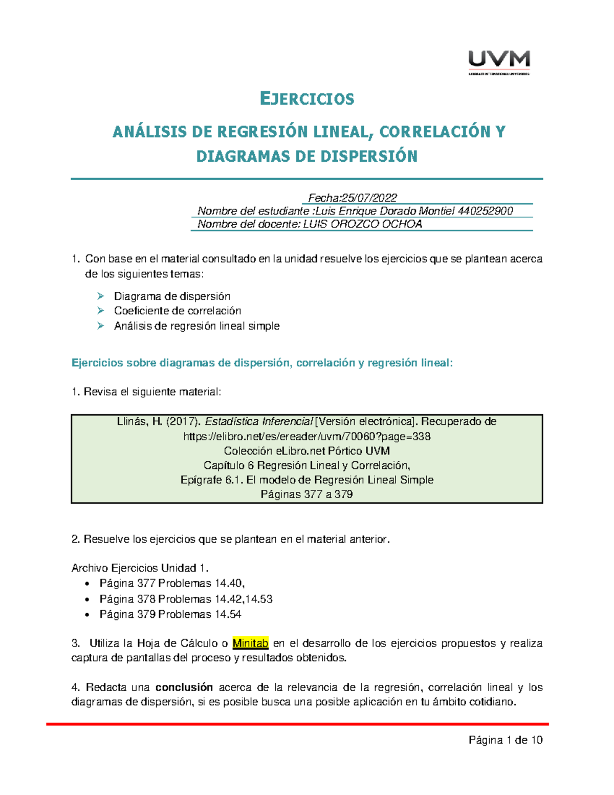 Actividad numero 1 - EJERCICIOS AN¡LISIS DE REGRESI”N LINEAL, CORRELACI”N Y DIAGRAMAS DE ...