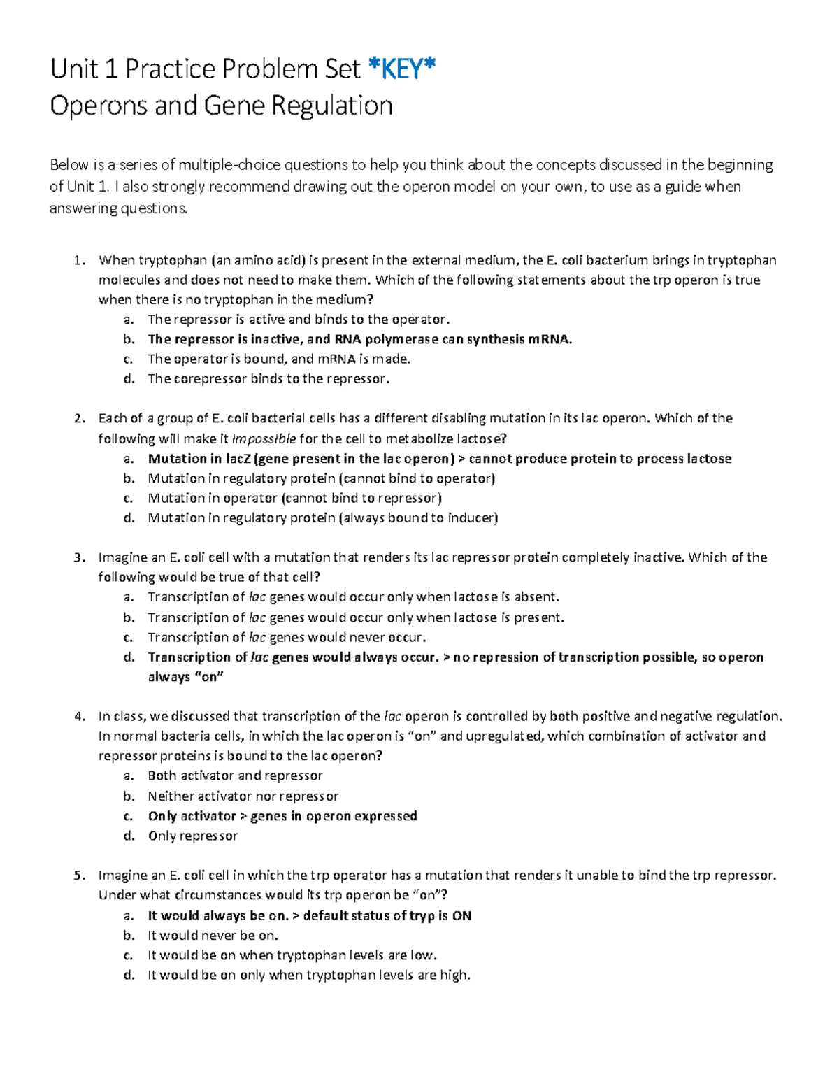 KEY Unit 1 Practice Problem Set I - Unit 1 Practice Problem Set KEY Operons and Gene Regulation ...
