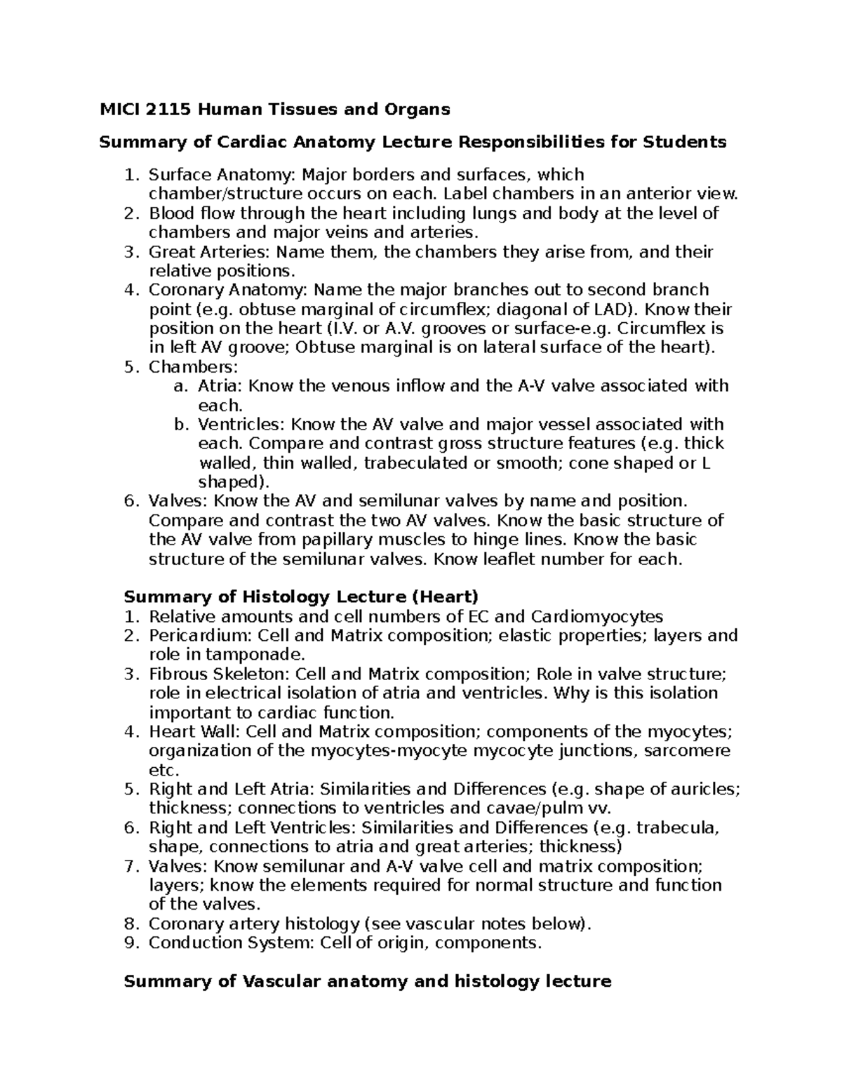 Summary of Circulatory System Study Guide - MICI 2115 Human Tissues and ...