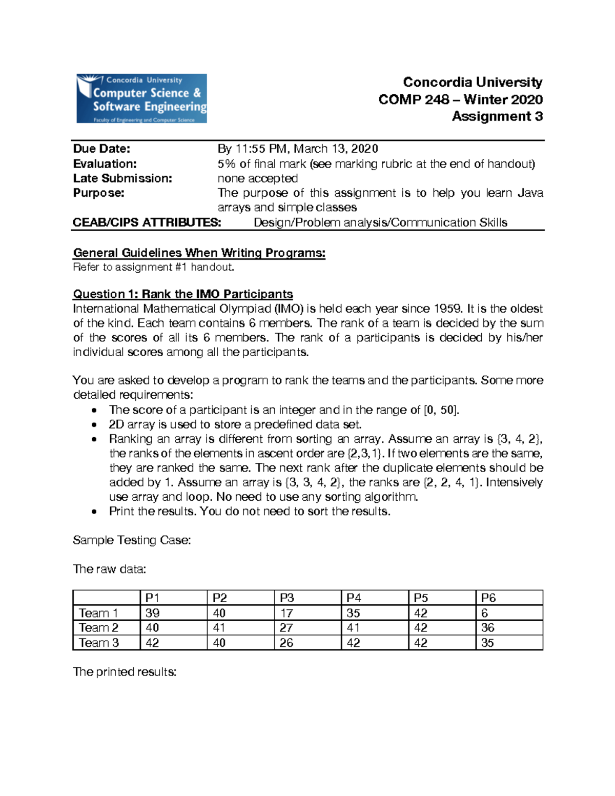 Assignment Three - Concordia University COMP 248 – Winter 2020 ...