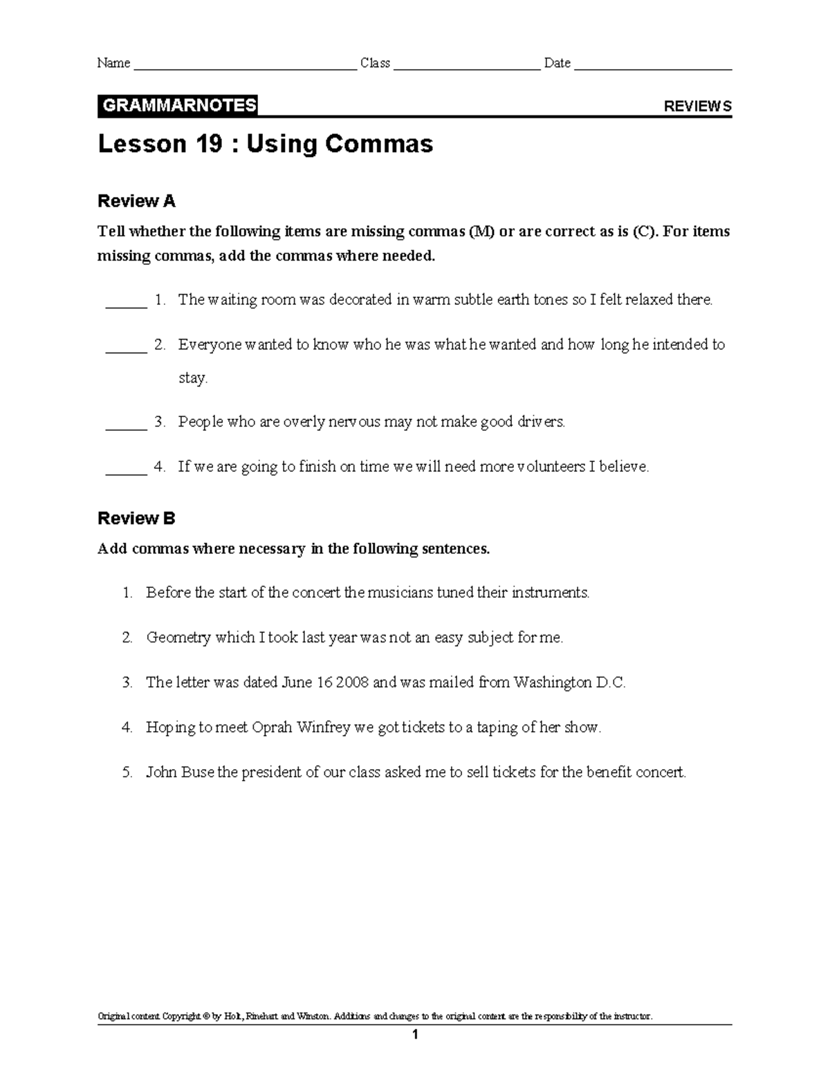 Using Commas Review - garmmar - Name ...