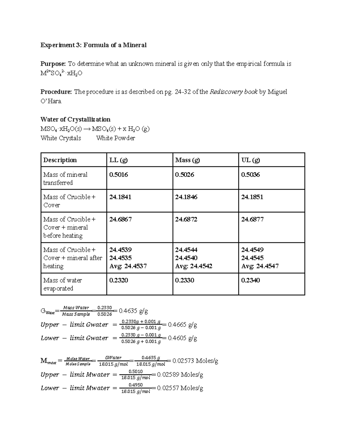 Formula of a Mineral - Lab Report - Experiment 3: Formula of a Mineral ...