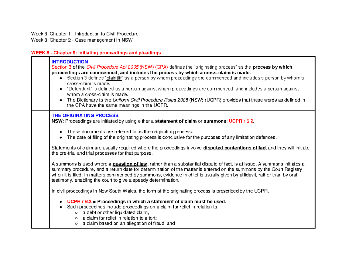 Summary of Civil Procedure notes - Week 8: Chapter 1 - Introduction to ...