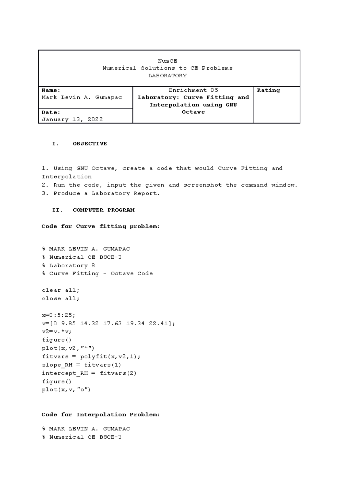Numce - NumCE Numerical Solutions to CE Problems LABORATORY Name: Mark ...